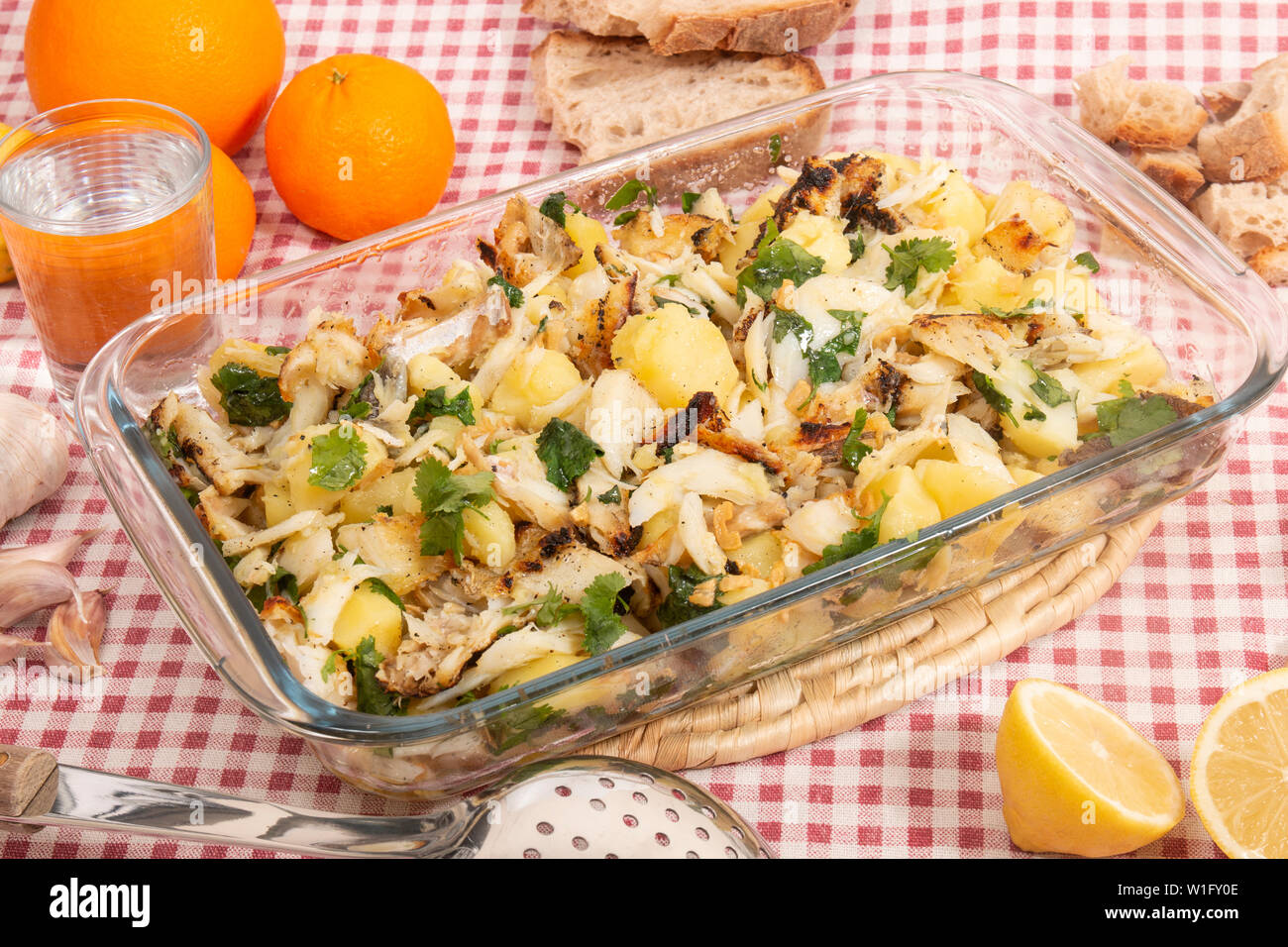 Close view of traditional portuguese dish of Grilled Codfish with ...