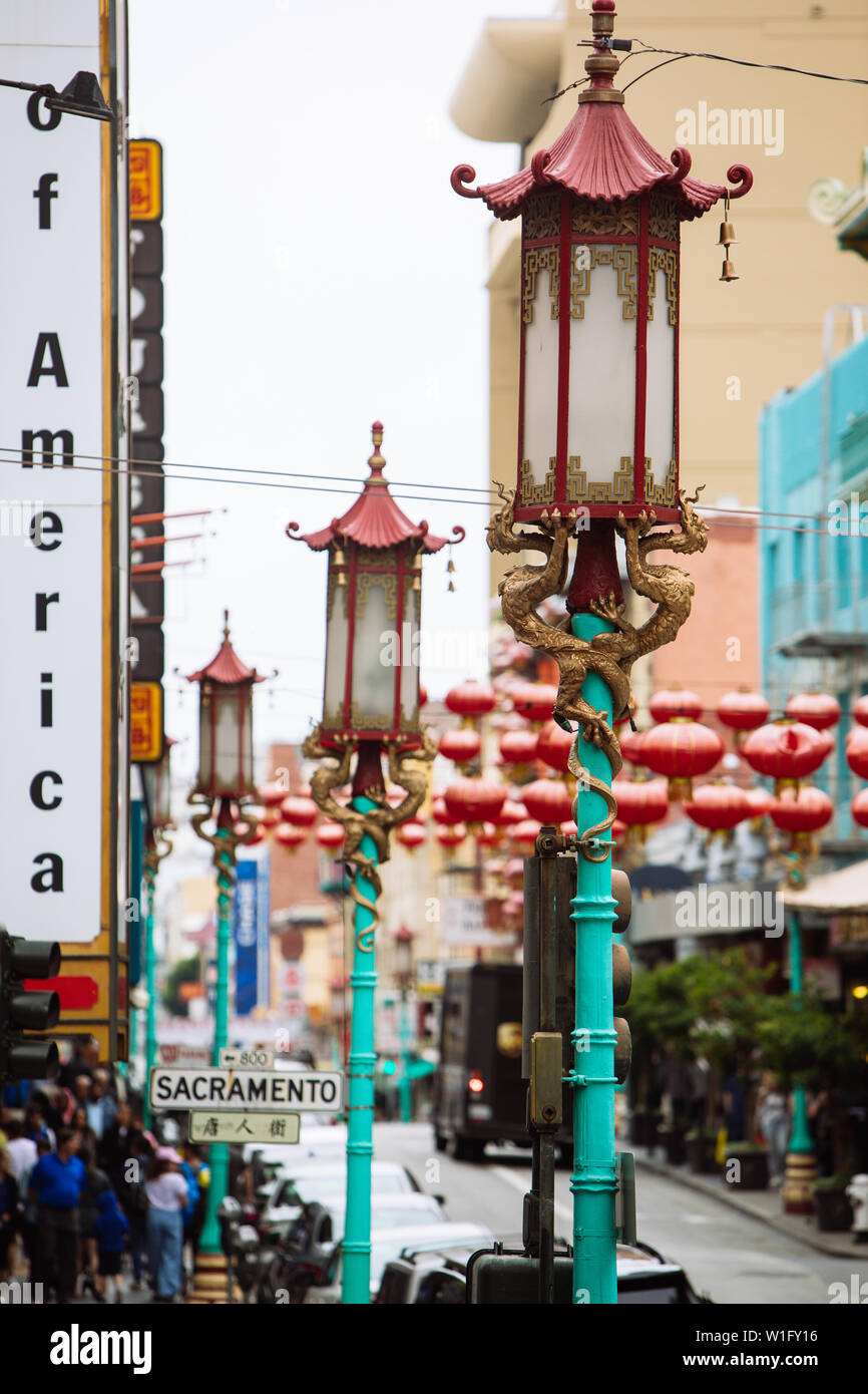 Street lamp posts chinese style in Sacramento st in China Town, San ...