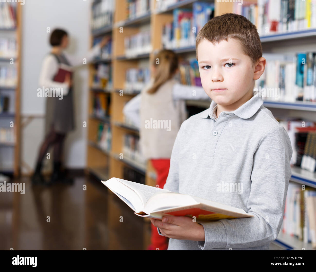 Portrait of intelligent tween boy with book in school library Stock ...