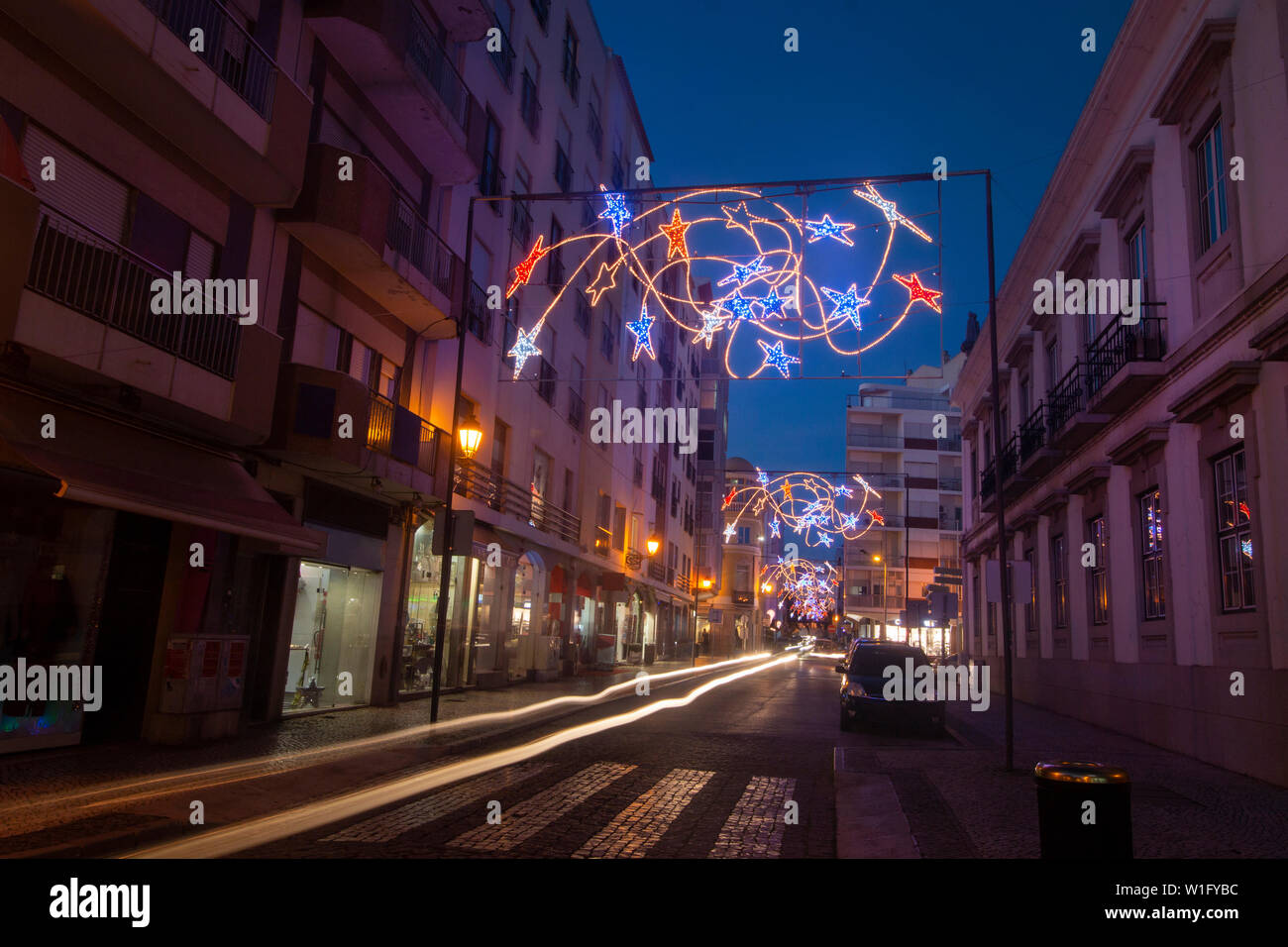 Christmas decorations on streets on the city of Faro, Portugal Stock ...