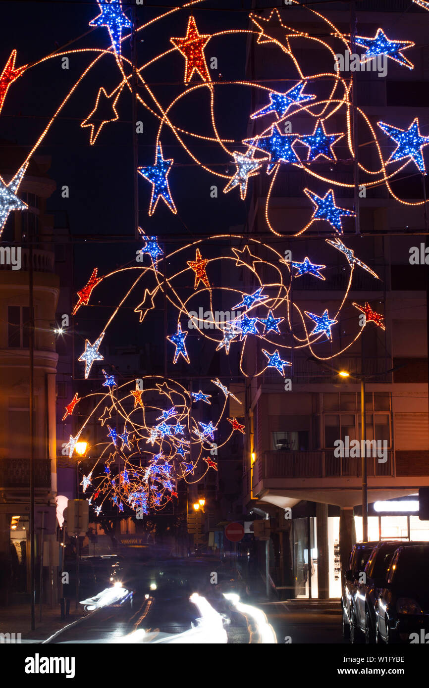 Christmas decorations on streets on the city of Faro, Portugal Stock ...