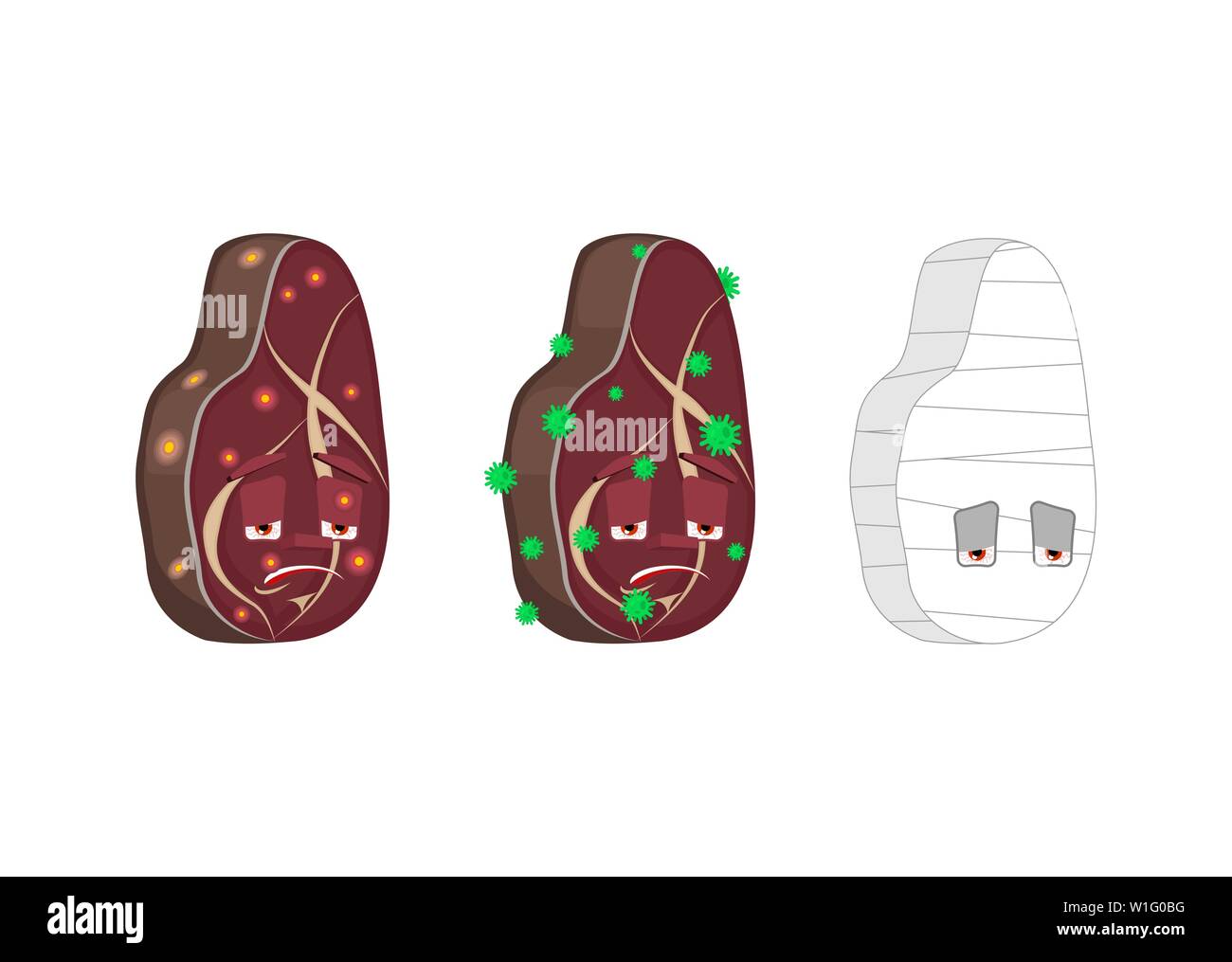 Steak Cartoon Style set. Meat Sick and sad. Bandaged. beefsteak ...