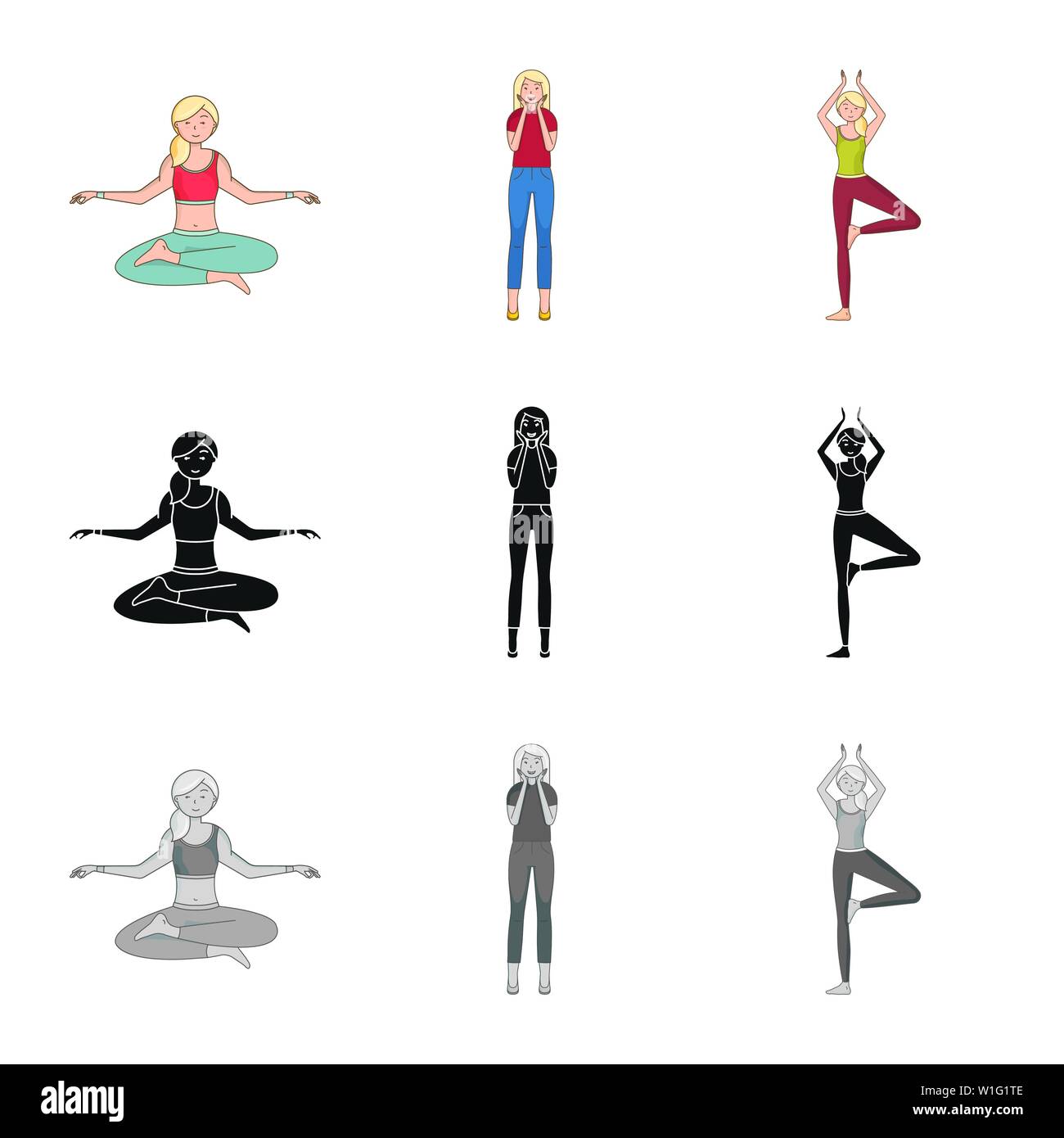 Vector illustration of posture and mood icon. Set of posture and female ...