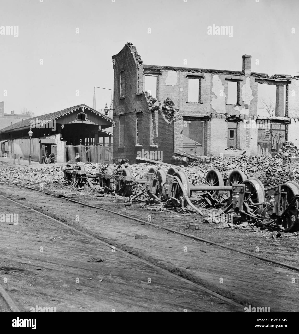 Wheels and burned railroad cars near Richmond & Petersburg Railroad ...