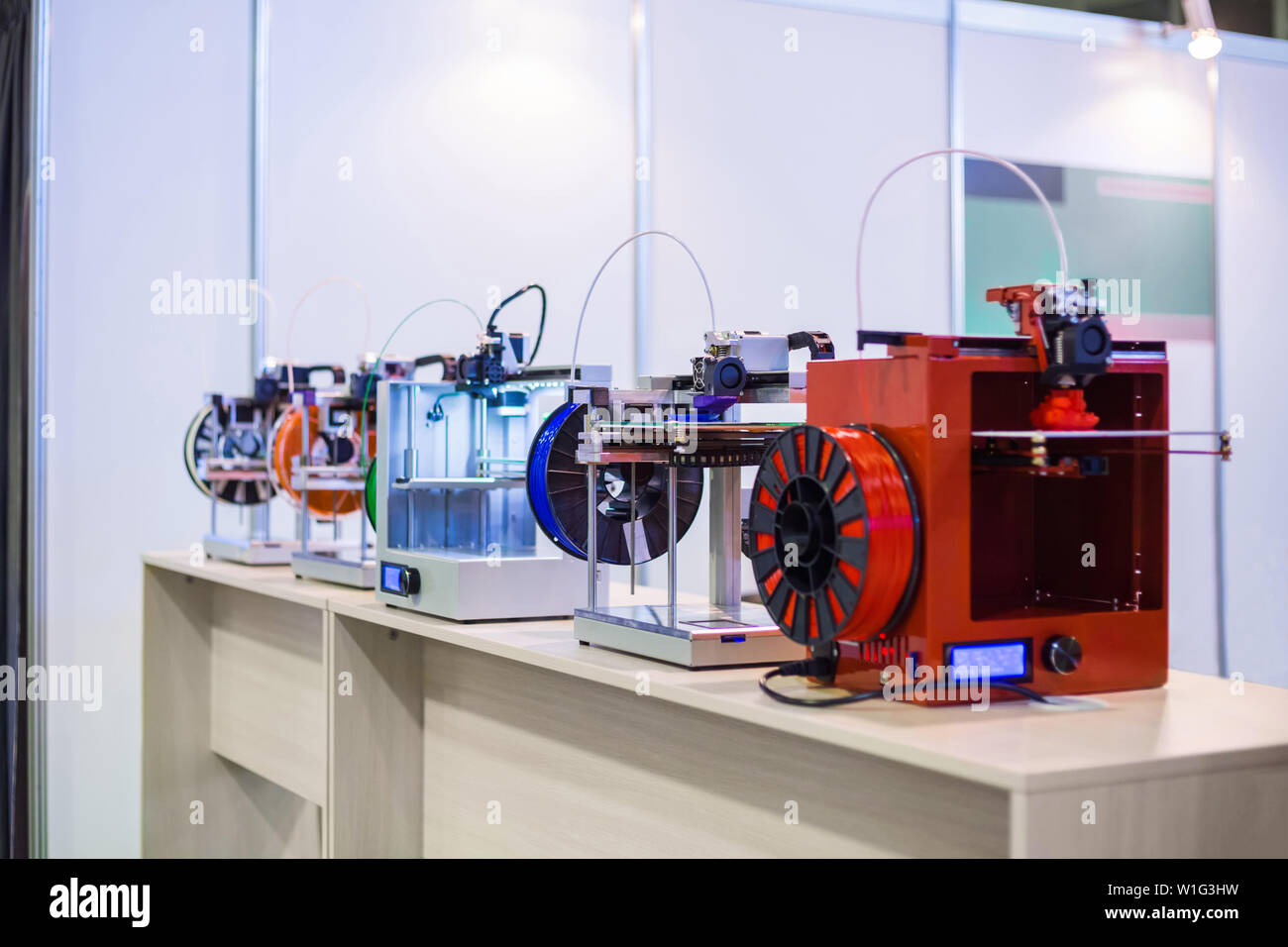 Three dimensional 3D printers during work at modern technology ...