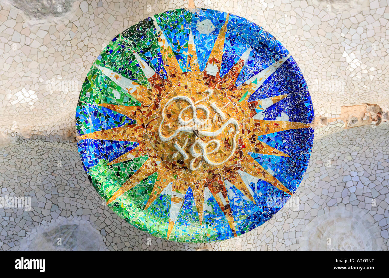 Mosaic tiling ceiling detail on vaults designed by Antoni Gaudi in Park ...