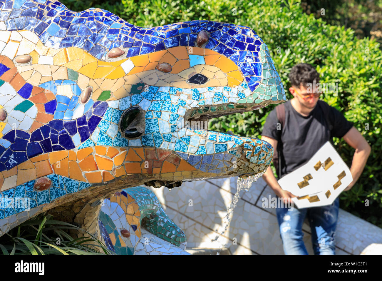 The salamander, or el drac, mosaic ceramic tiling dragon fountain, or ...