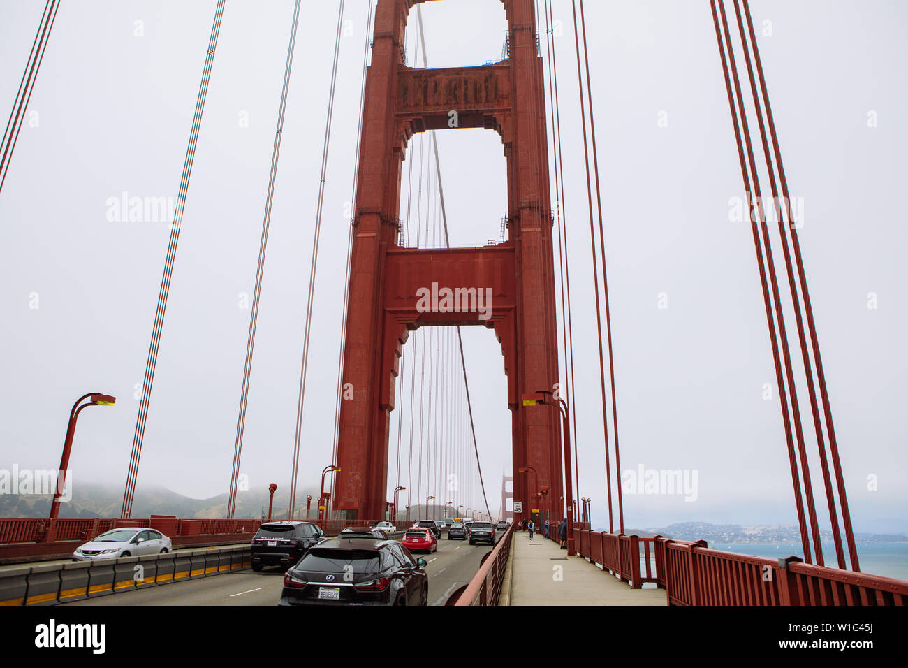 Wide angle shot crossing pedestrian walk of Golden Gate Bridge in San ...