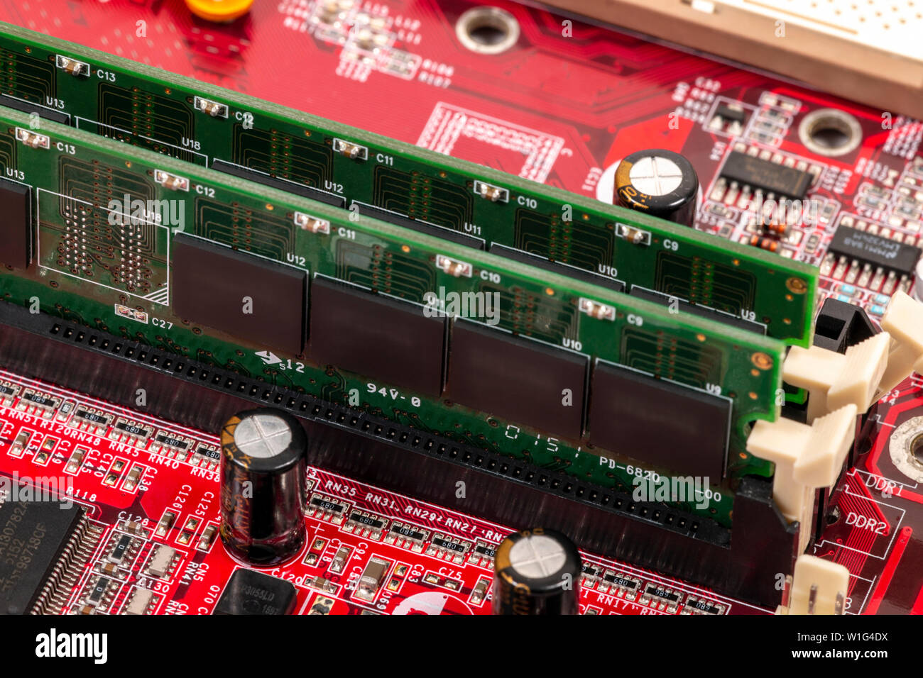 Close view of computer memory installed on the motherboard Stock Photo ...