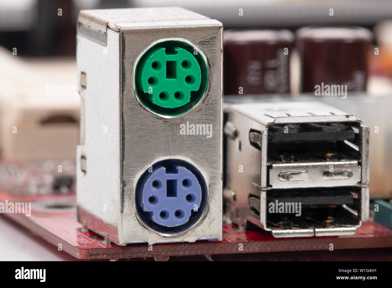 Close view of the main computer input output connections details in the ...