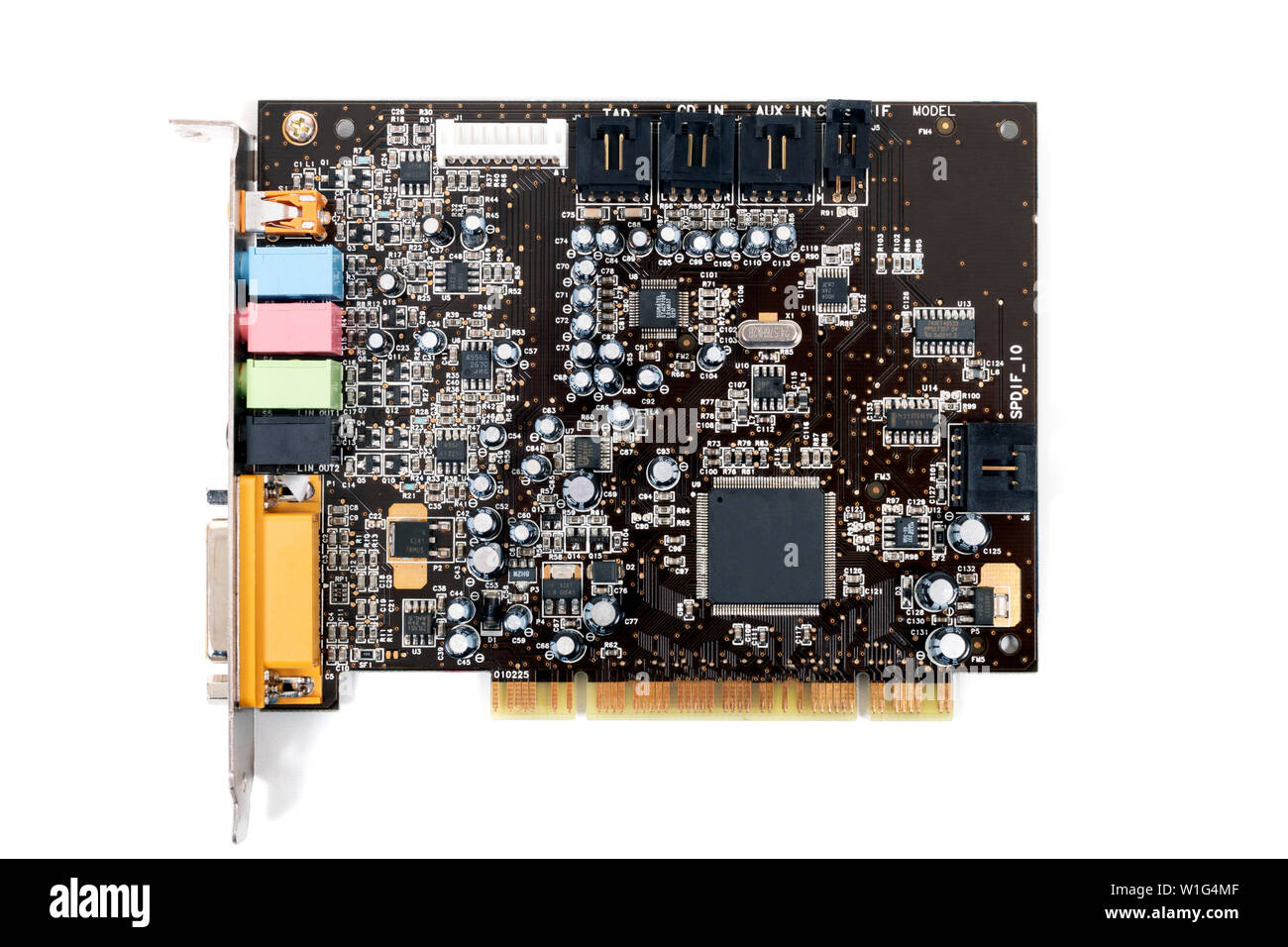 Close view of a computer sound card isolated on a white background ...