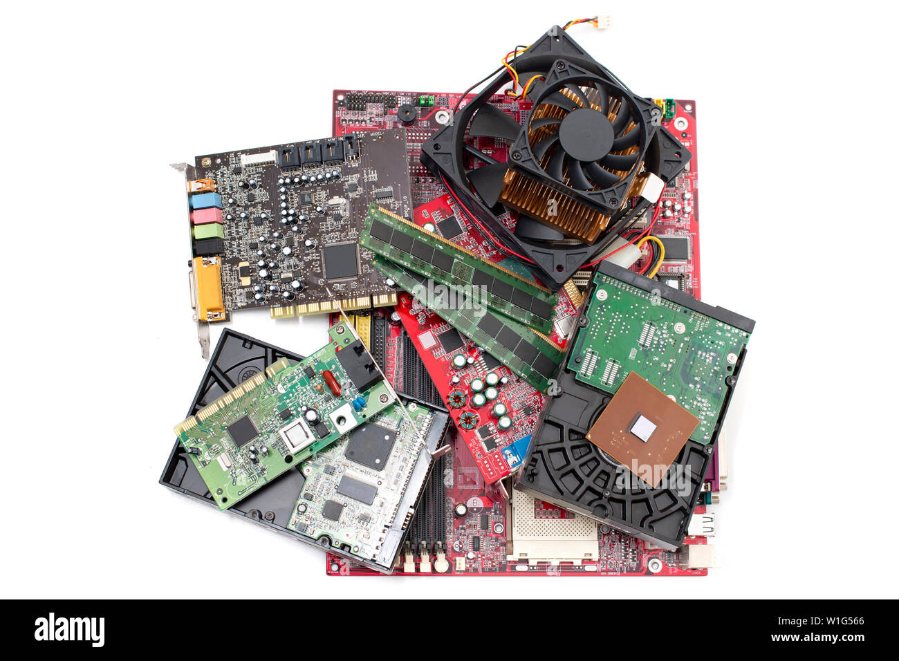 Close up view of various computer parts on a white background Stock ...