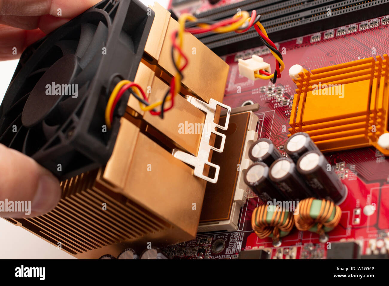 Close up view of the mounting of a cpu fan on motherboard Stock Photo ...