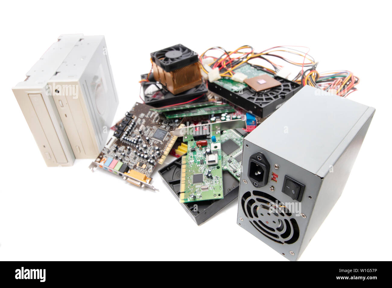 Close up view of various computer parts on a white background Stock ...