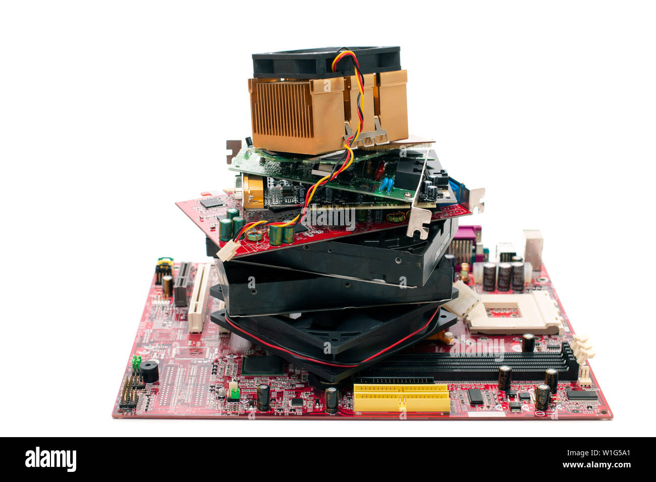 Close up view of various computer parts on a white background Stock ...