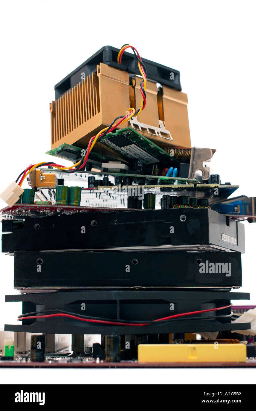Close up view of various computer parts on a white background Stock ...