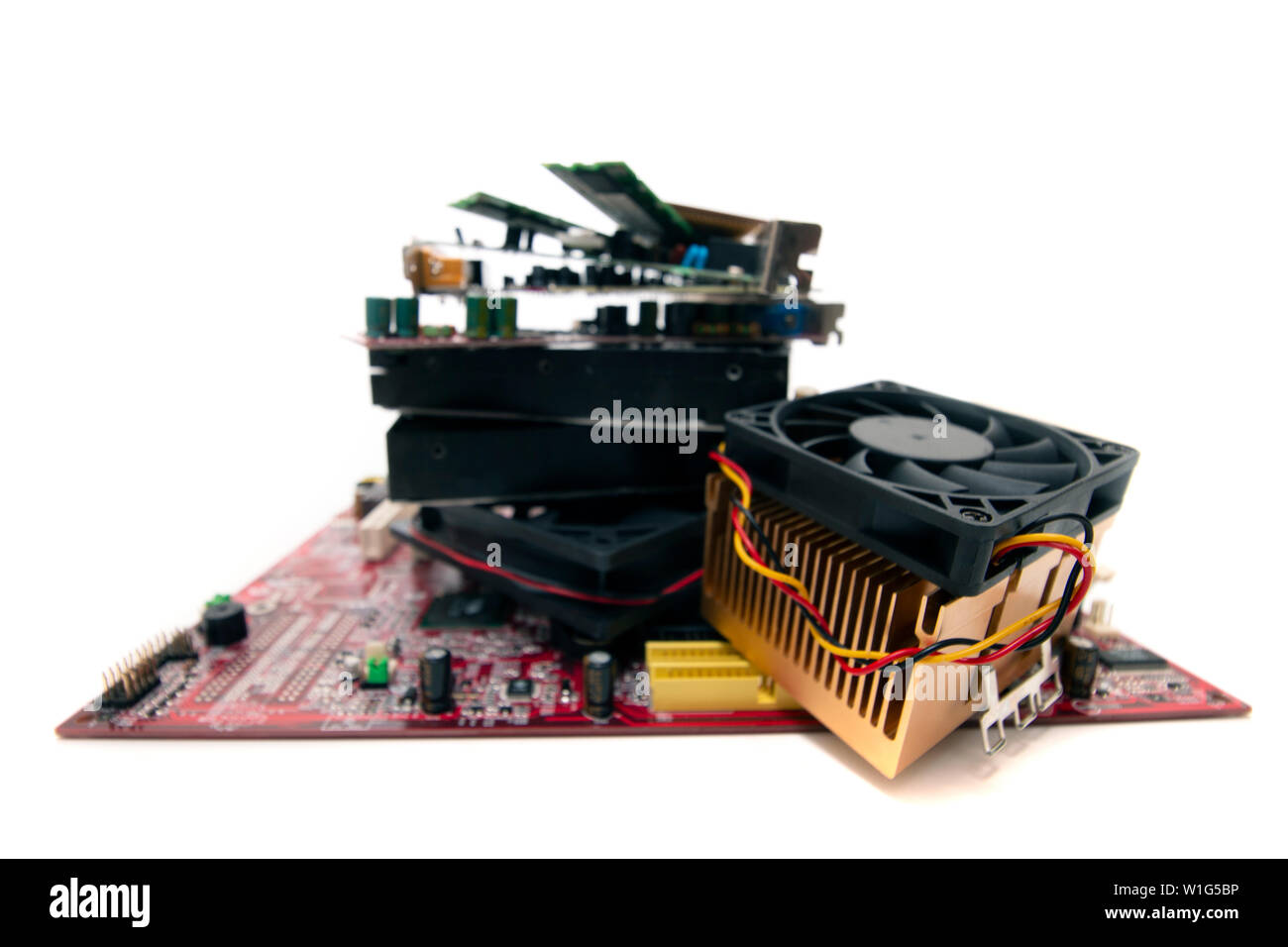 Close up view of various computer parts on a white background Stock ...