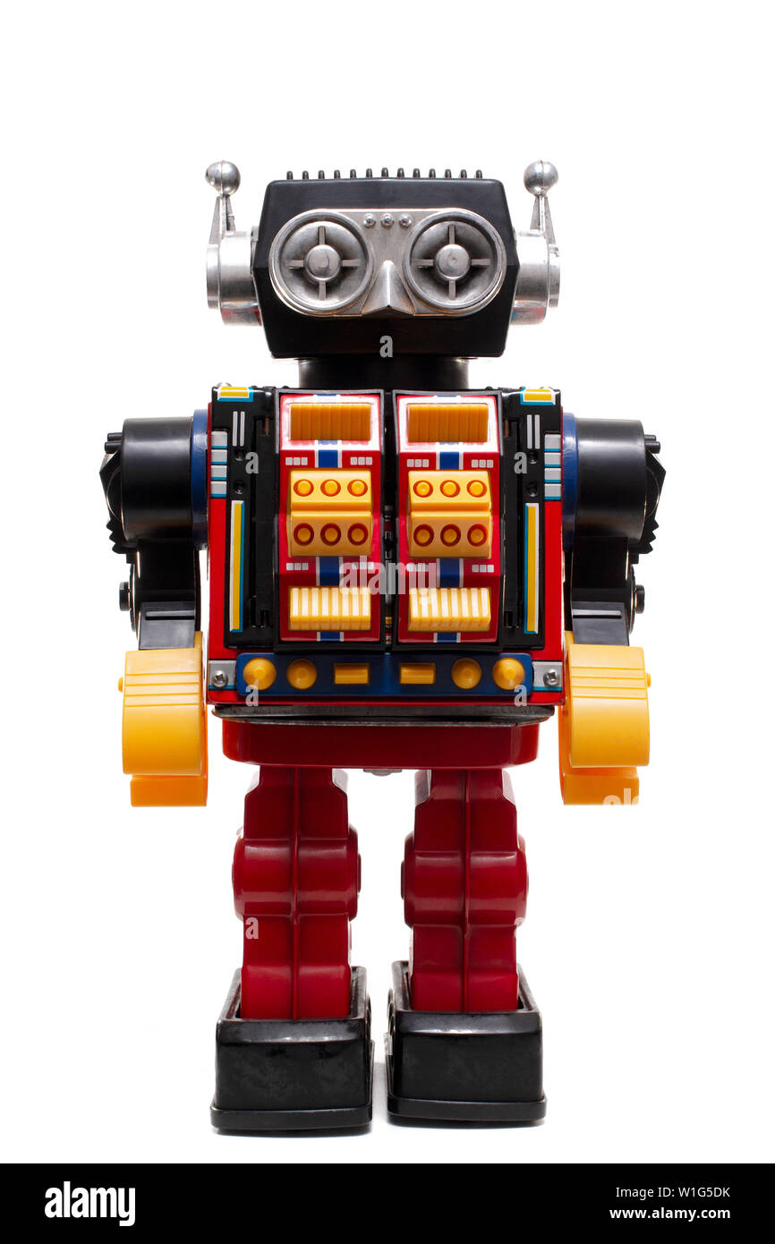 Vintage tin robot toy isolated on a white background Stock Photo - Alamy