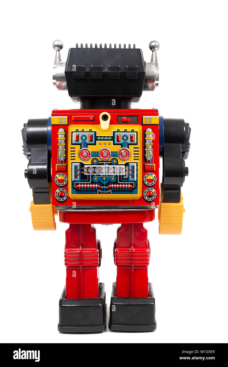 Vintage tin robot toy isolated on a white background Stock Photo - Alamy