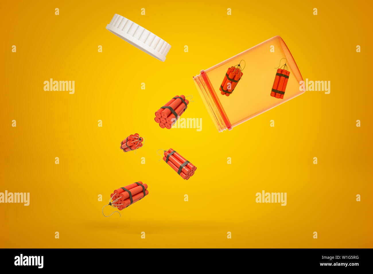 3d rendering of TNT dynamite sticks falling out of plastic pills jar on ...