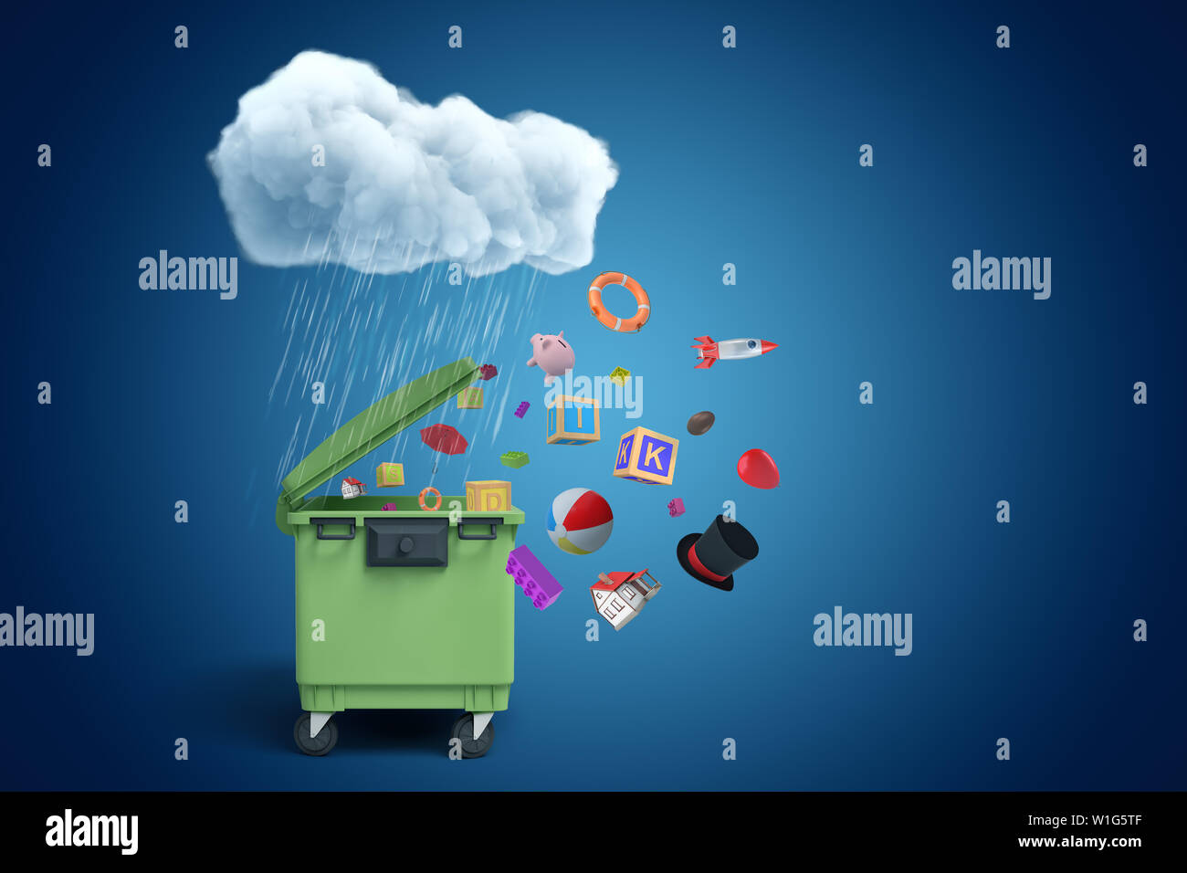 3d rendering of green dumpster standing under raining cloud, different ...