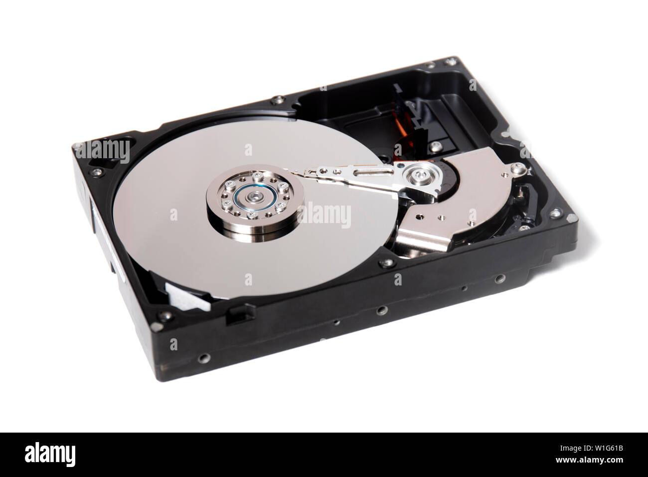 Close up view of a computer hard drive isolated on a white background ...