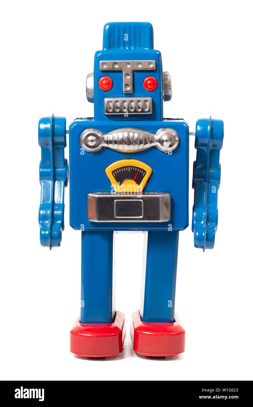 Vintage tin robot toy isolated on a white background Stock Photo - Alamy