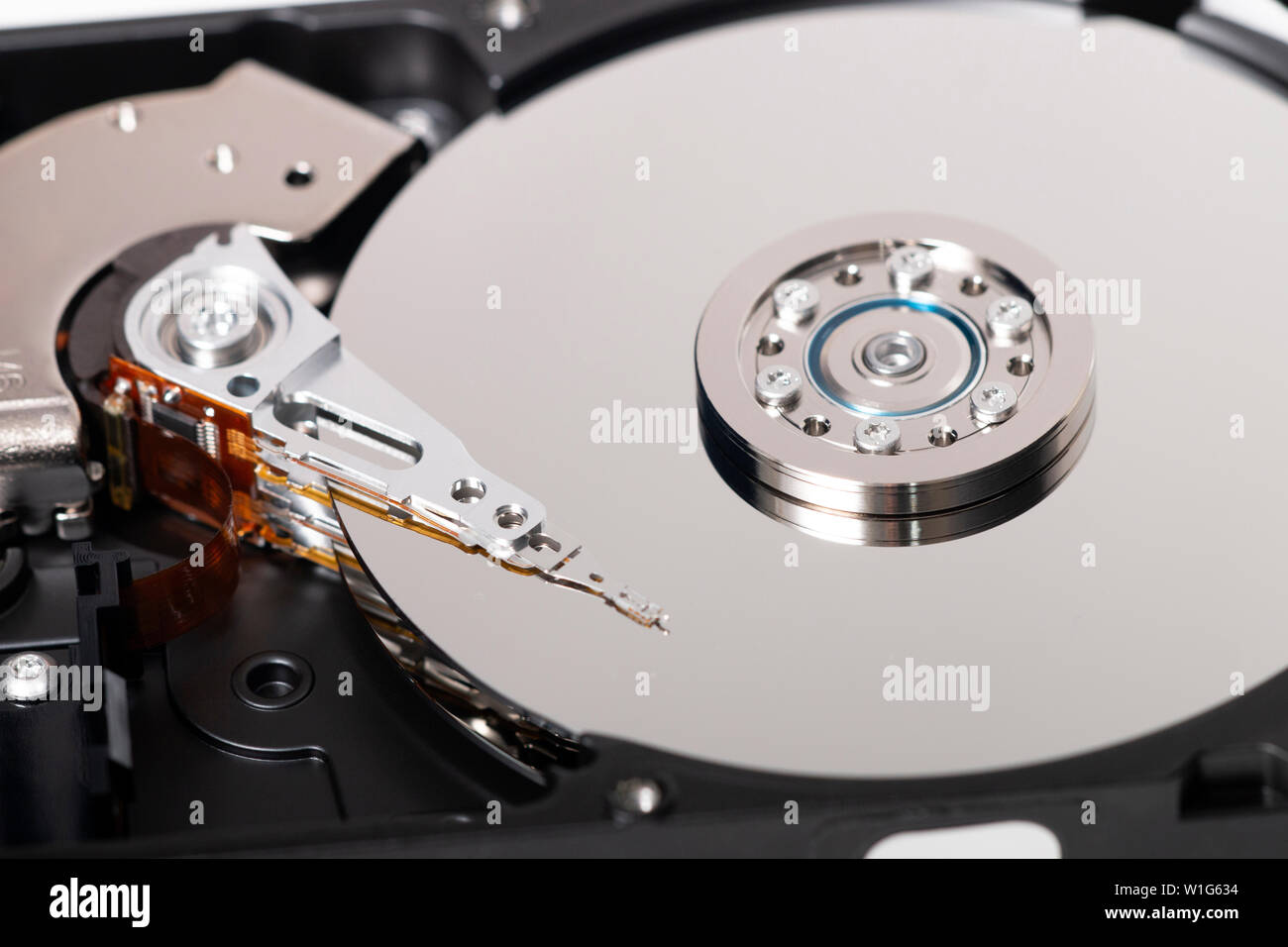 Close up view of a computer hard drive isolated on a white background ...