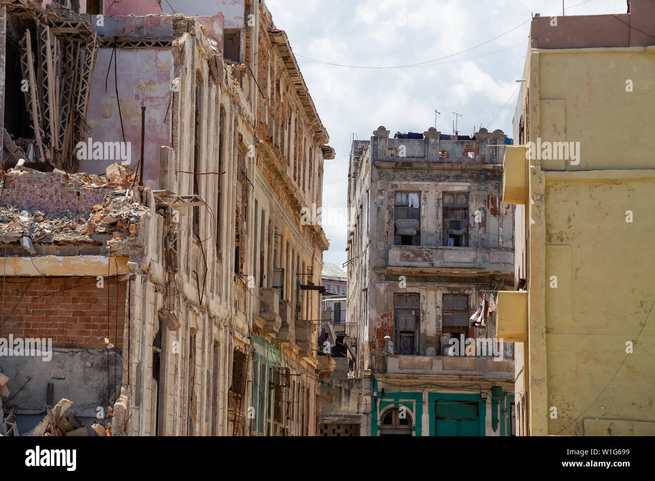 View of the broken and demolished residential homes in the Old Havana ...