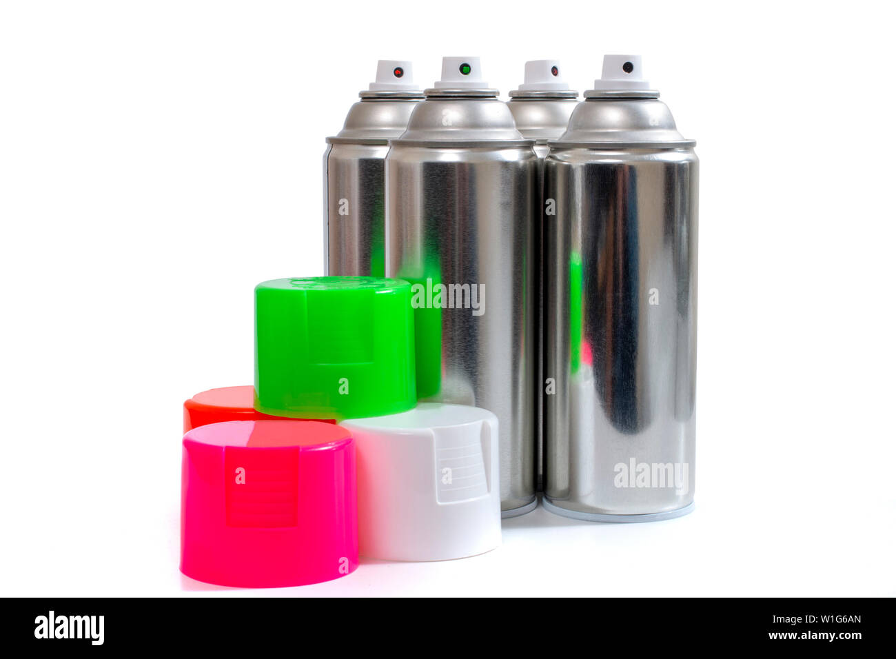 Close up view of silver spray cans on a white background Stock Photo ...