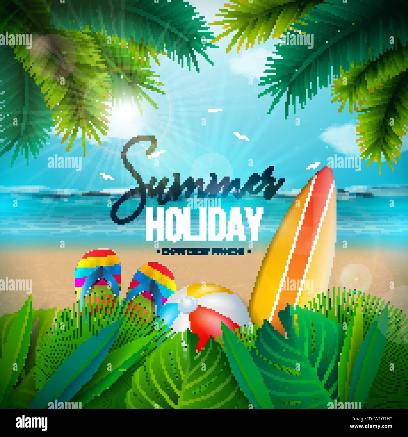 Vector Summer Holiday Illustration with Beach Ball, Palm Leaves, Surf ...