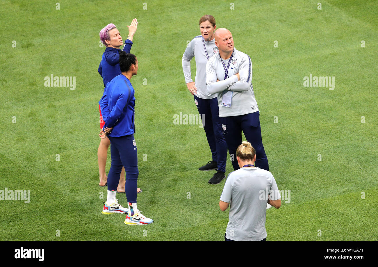 USA's Megan Rapinoe and USA head coach Jill Ellis on the pitch prior to ...