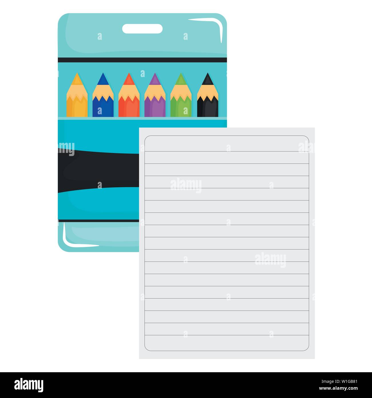 sheet of notebook paper with colors pencils box vector illustration ...