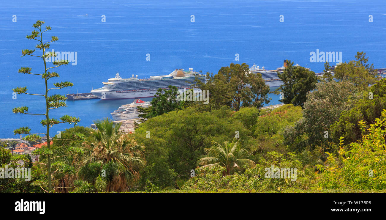 Panoramic view at cruise ship from botanical garden in Madeira ...