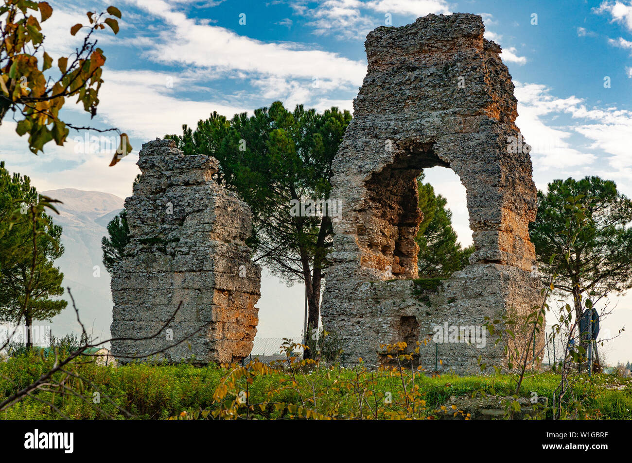 Ruins of the ancient walls of the city of Corfinio. Here the name Italy ...