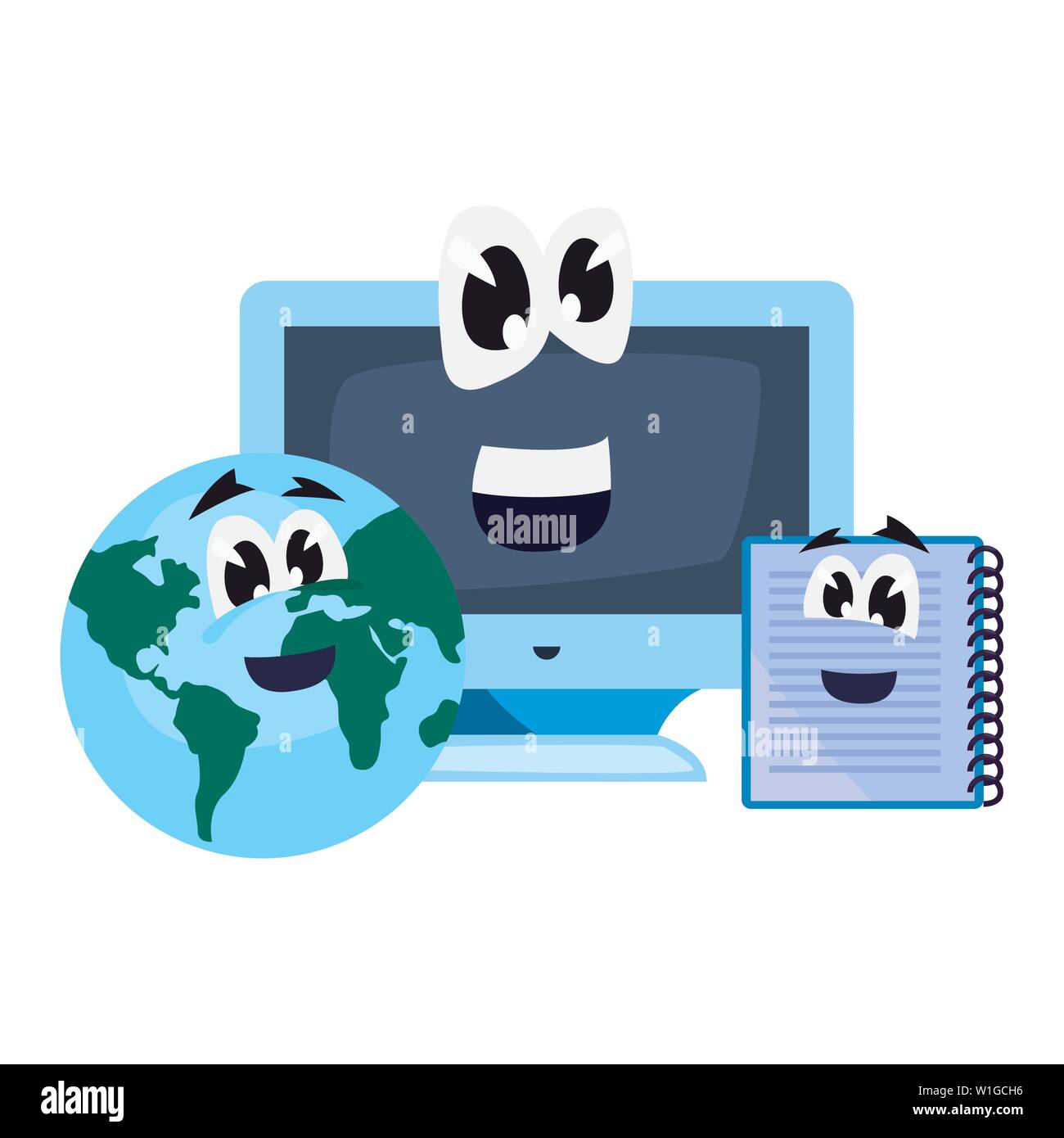 cartoon computer notebook and map back to school vector illustration ...