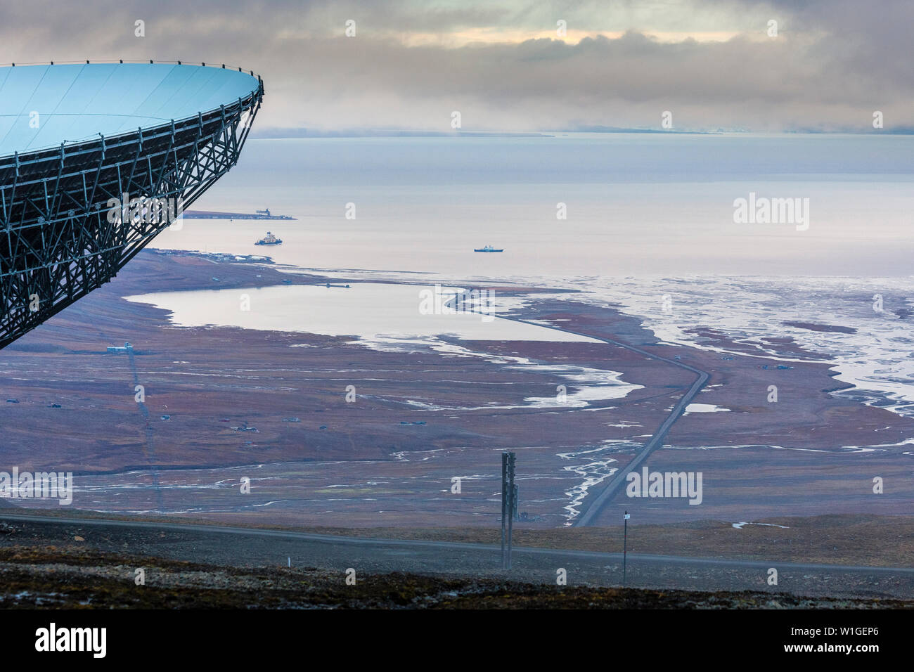 EISCAT Svalbard Radar (ESR) near Longyearbyen, Adventdalen fjord in the ...