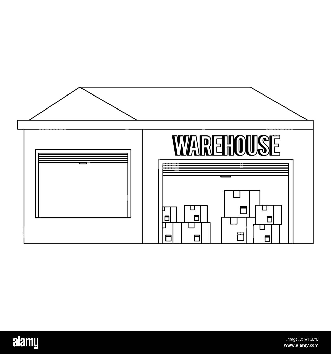 Warehouse storage building with merchandise in black and white Stock ...