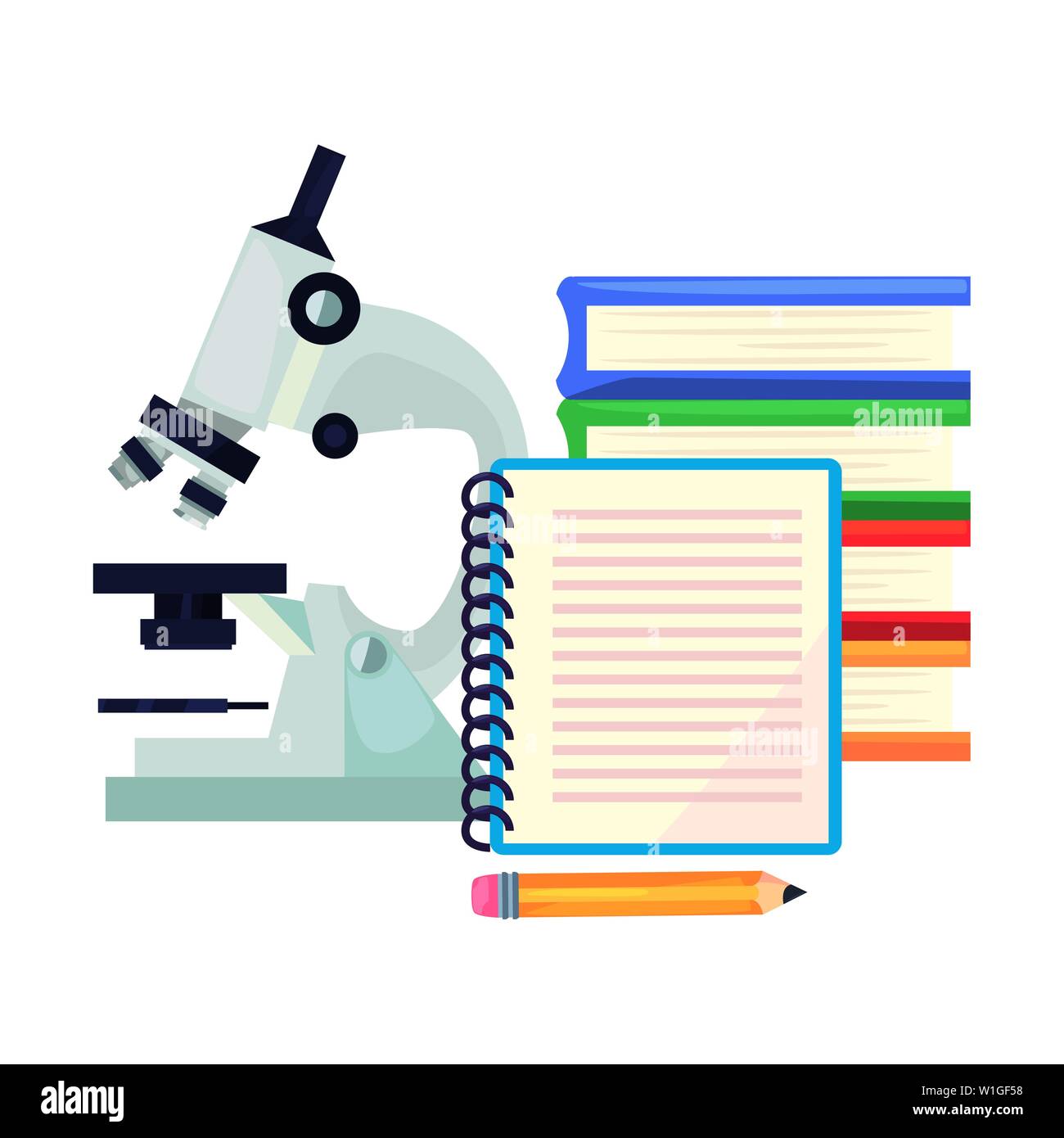 microscope notebook pencil and book stacked back to school vector ...