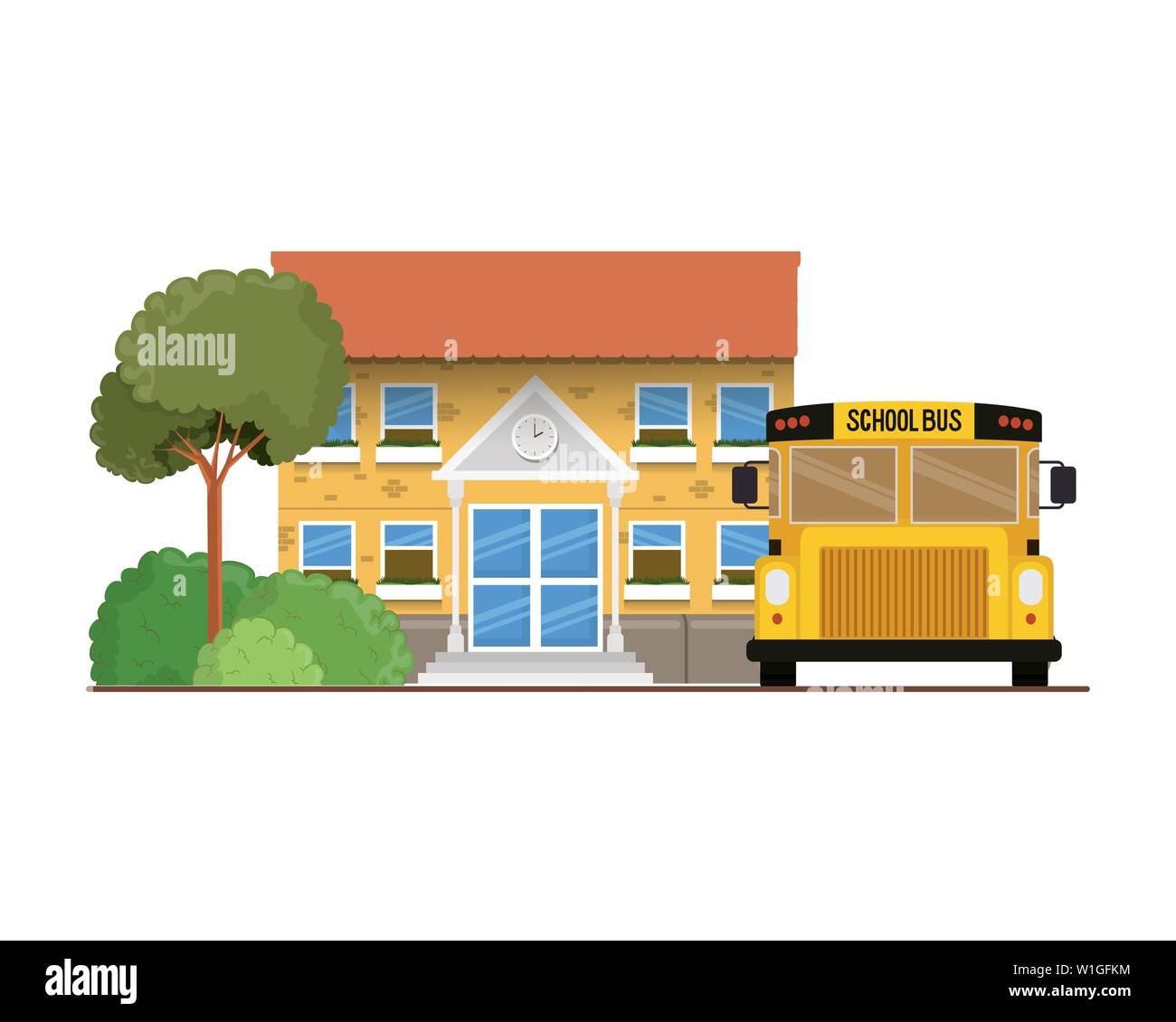 school building of primary with bus in landscape Stock Vector Image ...