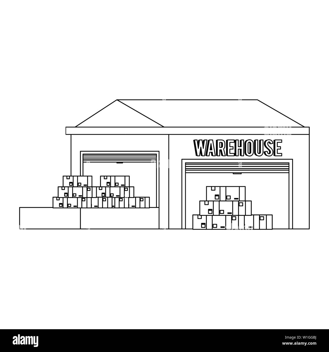 Warehouse storage building with merchandise in black and white Stock ...