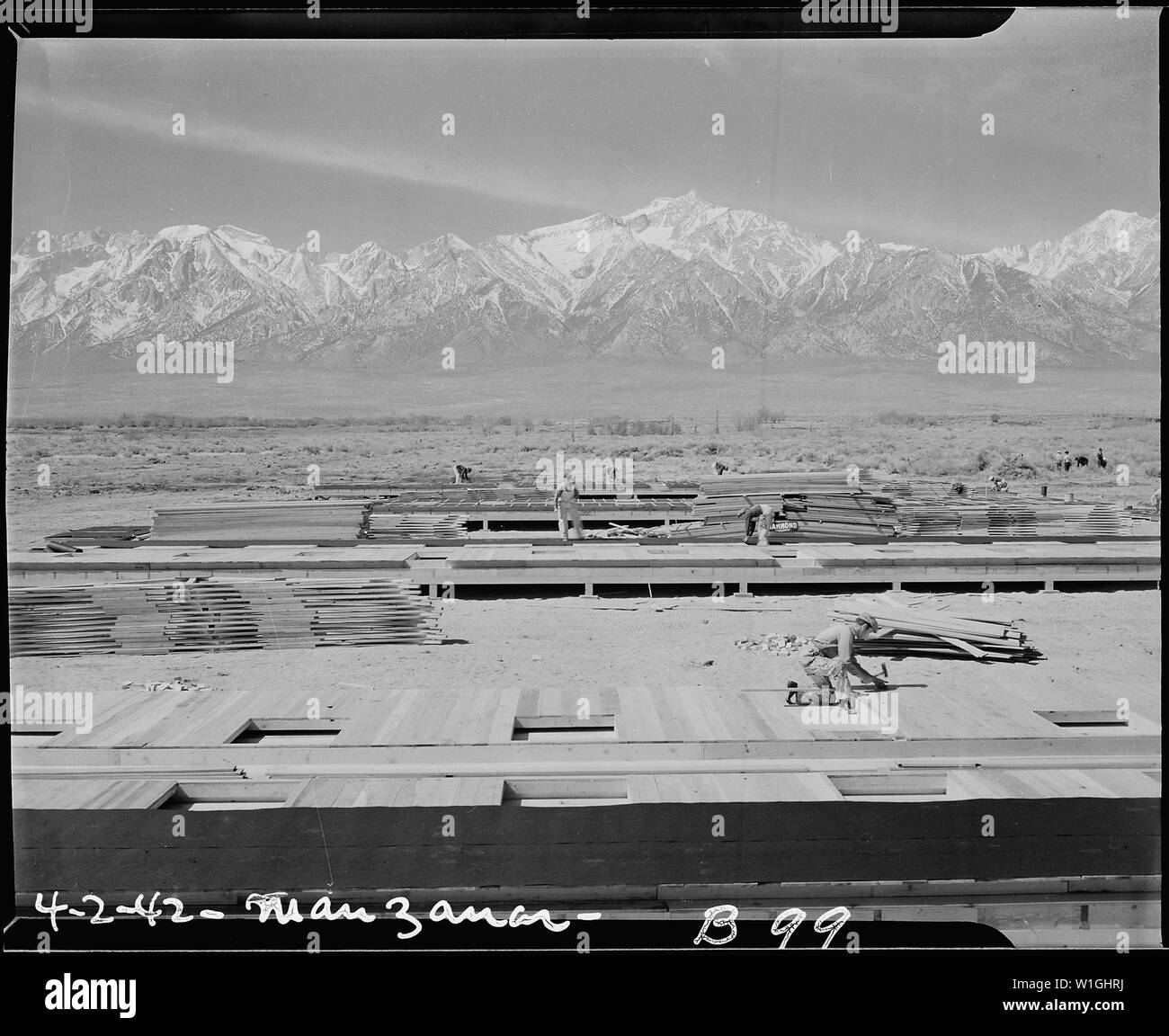 Manzanar Relocation Center, Manzanar, California. Construction begins ...