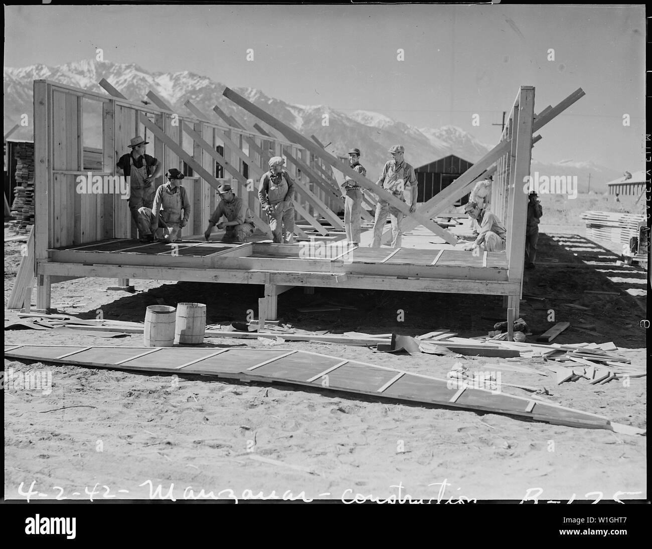 Manzanar Relocation Center, Manzanar, California. Construction begins ...