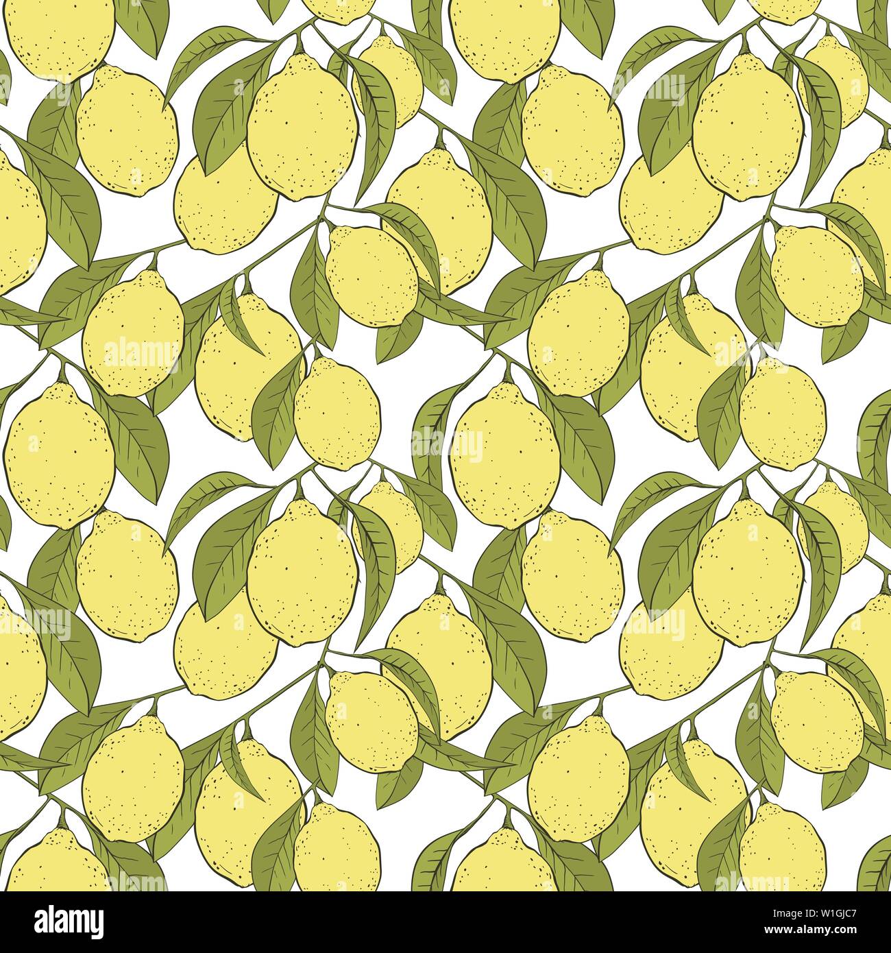 Lemons hand drawn seamless pattern. Yellow citrus colored wallpaper. Fresh lemon branches and ...