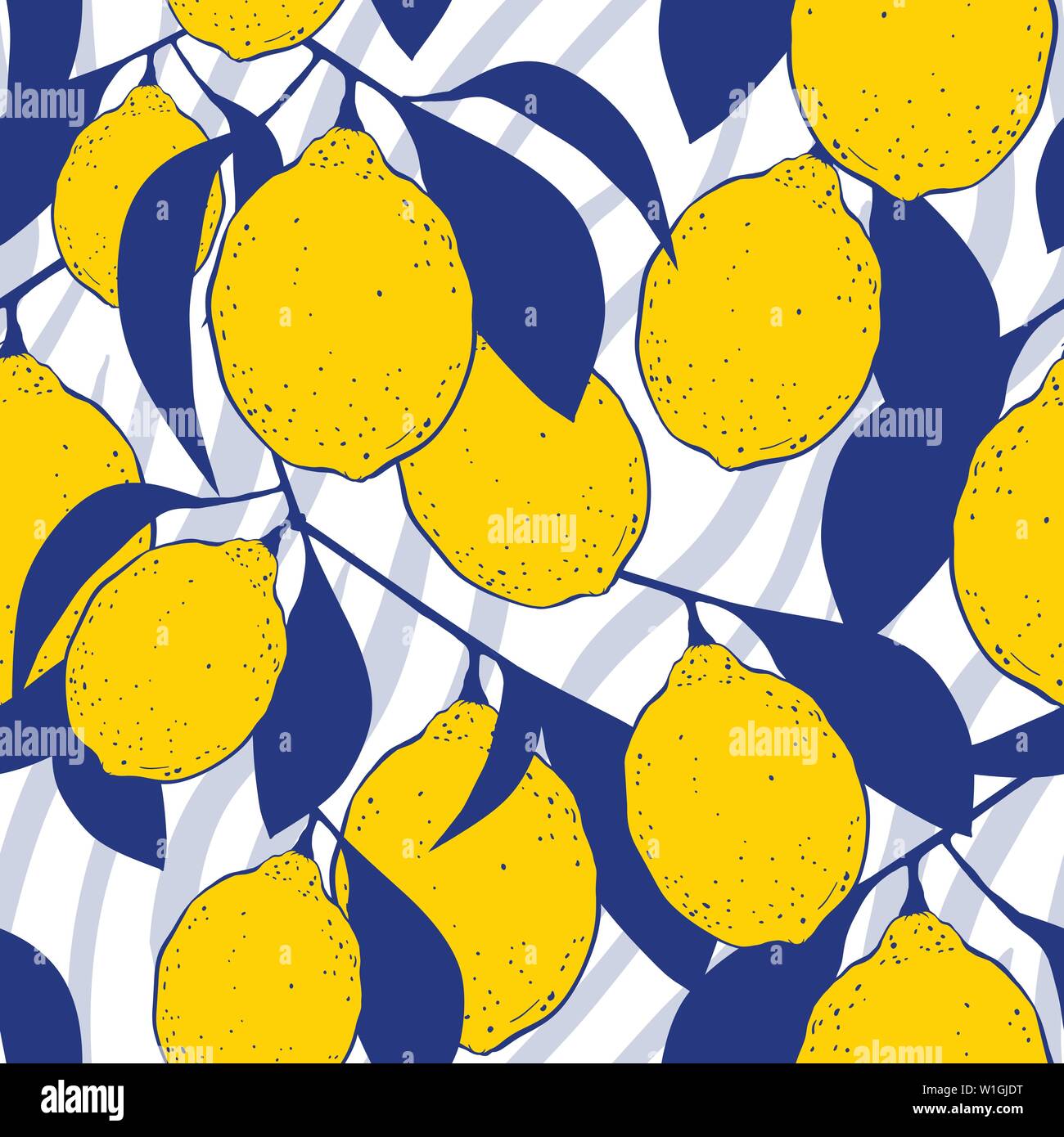 Lemons modern style hand drawn seamless pattern. Yellow citrus colored wallpaper. Fresh lemon ...