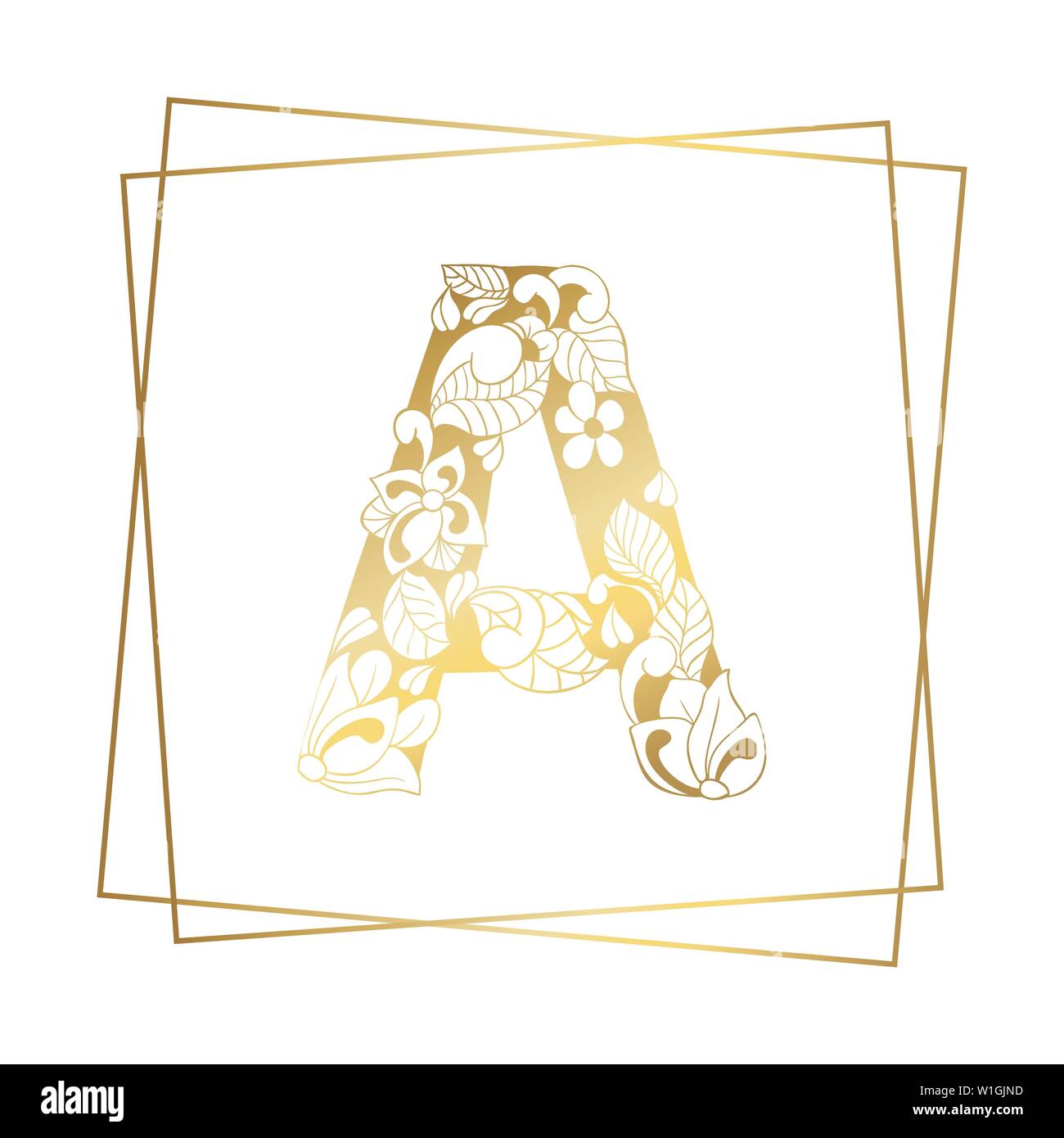 Golden Floral Ornamental Alphabet, Initial Letter A Font with Modern ...