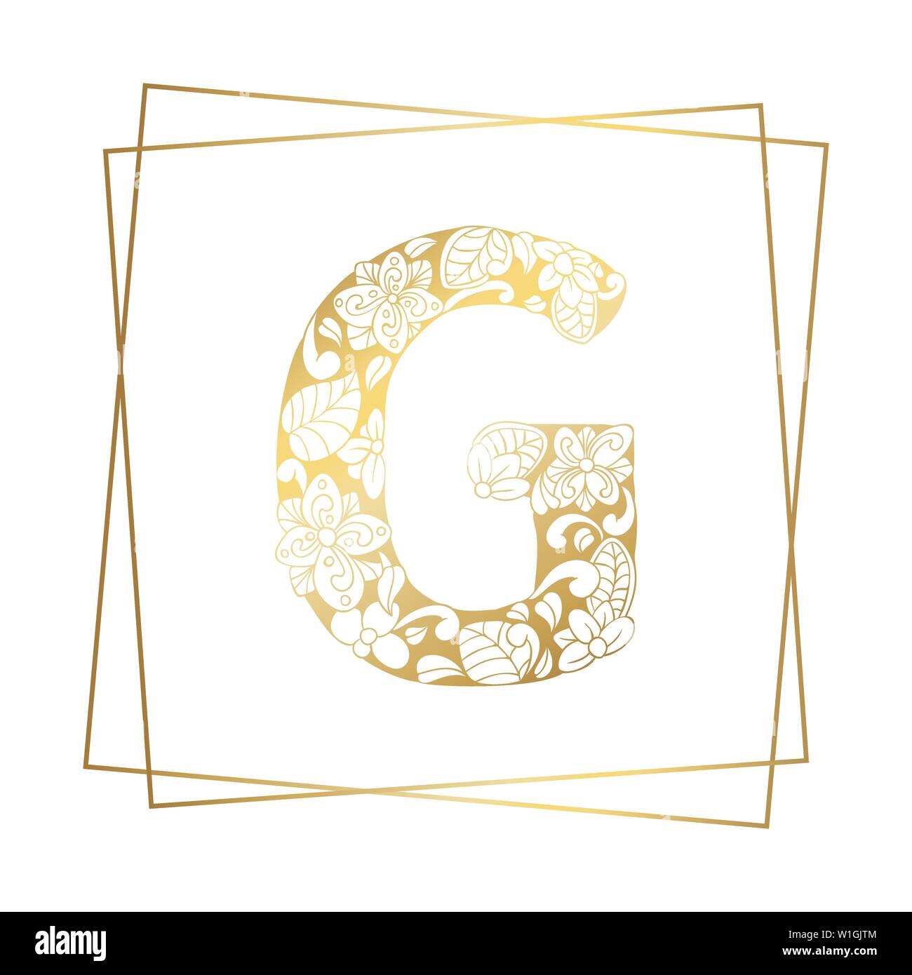 Golden and White Floral Ornamental Alphabet, Initial Letter G Font with ...