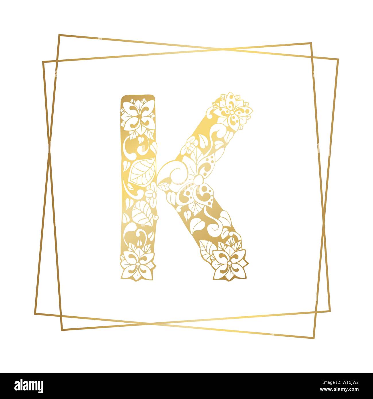Golden and White Floral Ornamental Alphabet, Initial Letter K Font with ...