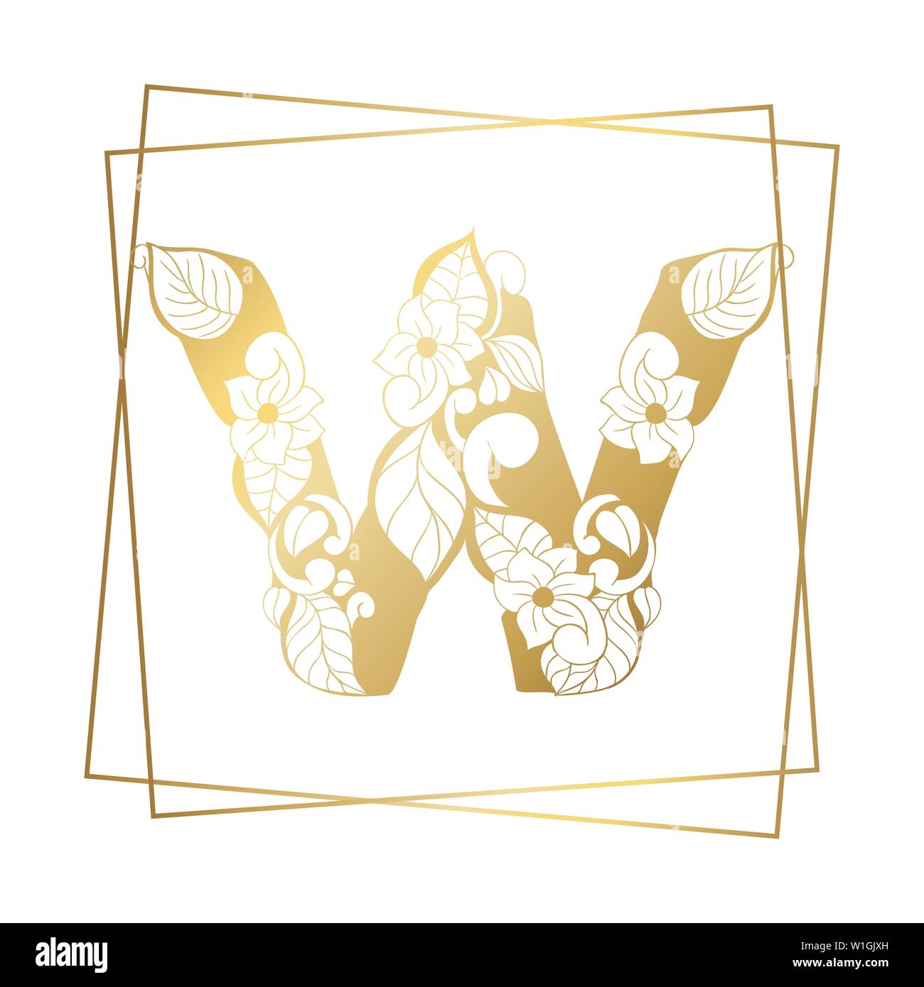 Golden and White Floral Ornamental Alphabet, Initial Letter W Font with ...