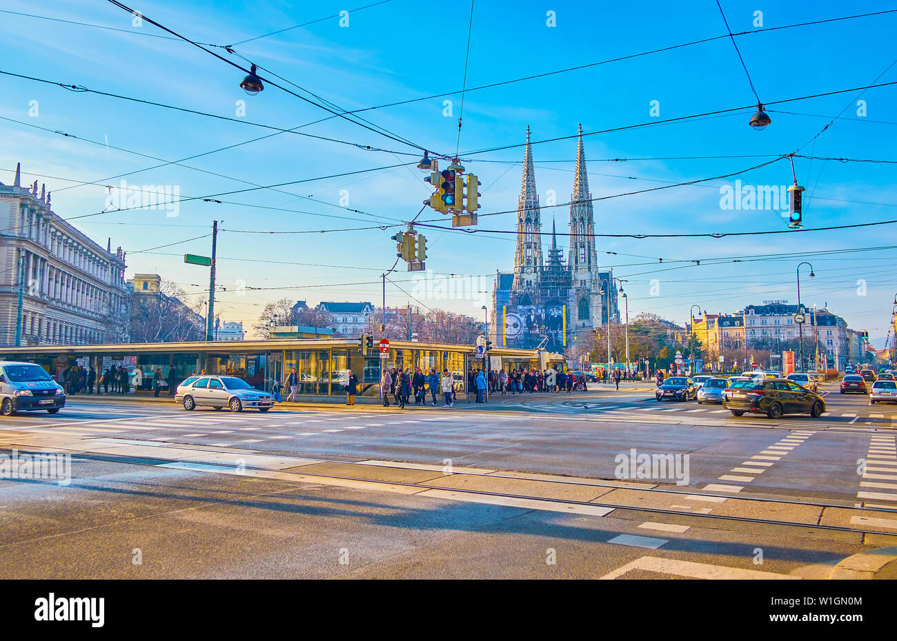 VIENNA, AUSTRIA - FEBRUARY 18, 2019: The traffic in intersection of ...